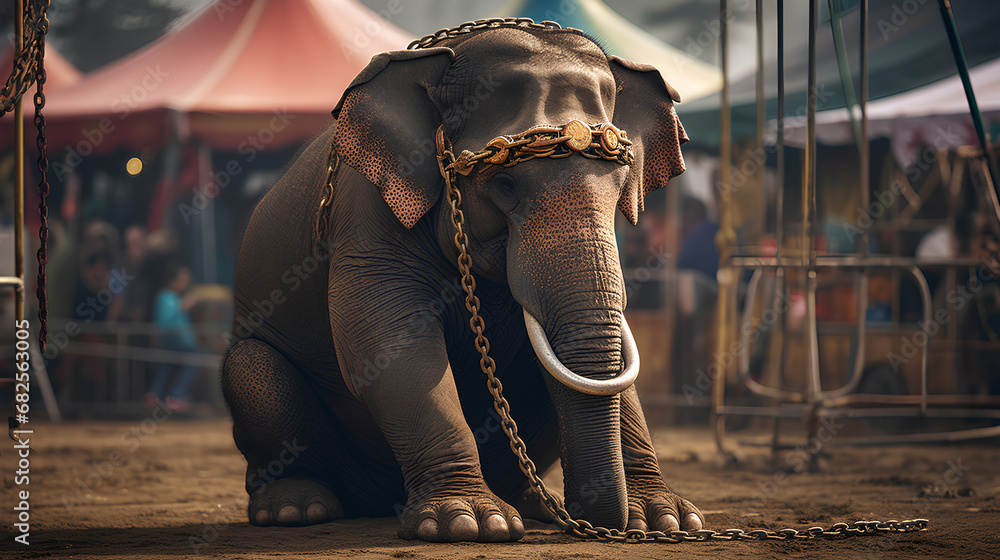 Sad elephant outside a circus tent tied with big chain, no animals in ...