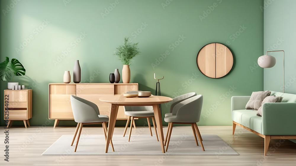 Mint color chairs at round wooden dining table in room with sofa and ...