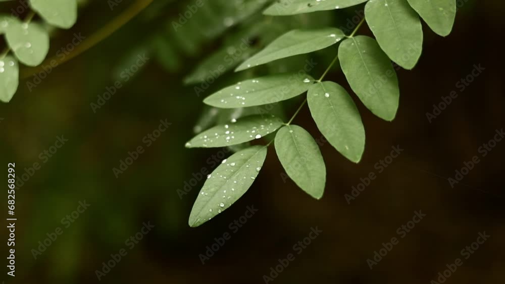 Close up of branches of acacia tree with bright green leaves with rain ...