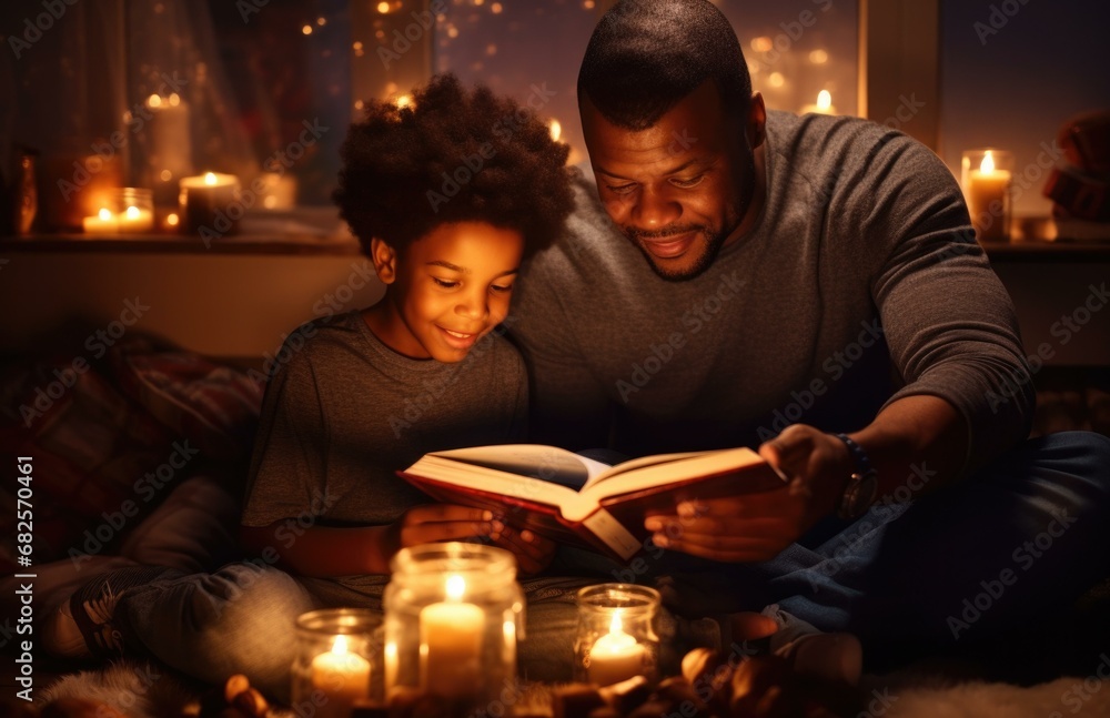 A heartwarming moment of a father and son reading by candlelight ...