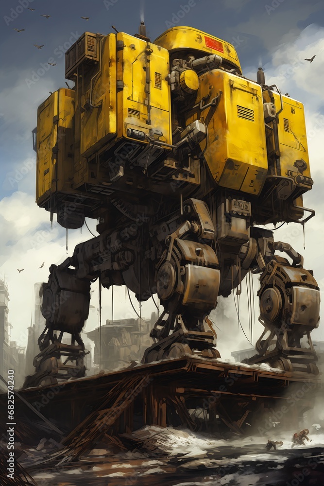 giant robot standing platform yellow scheme vestiges rusty machinery ...