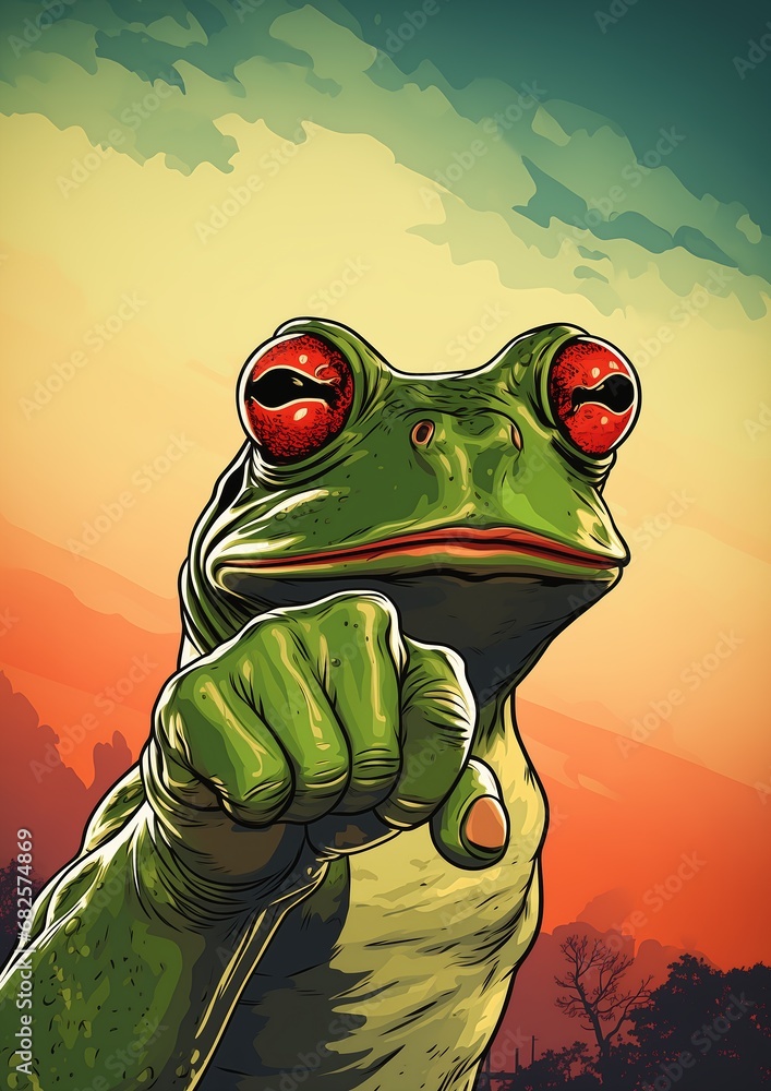 cartoon frog red eyes pointing professional badass pose closeup fist ...