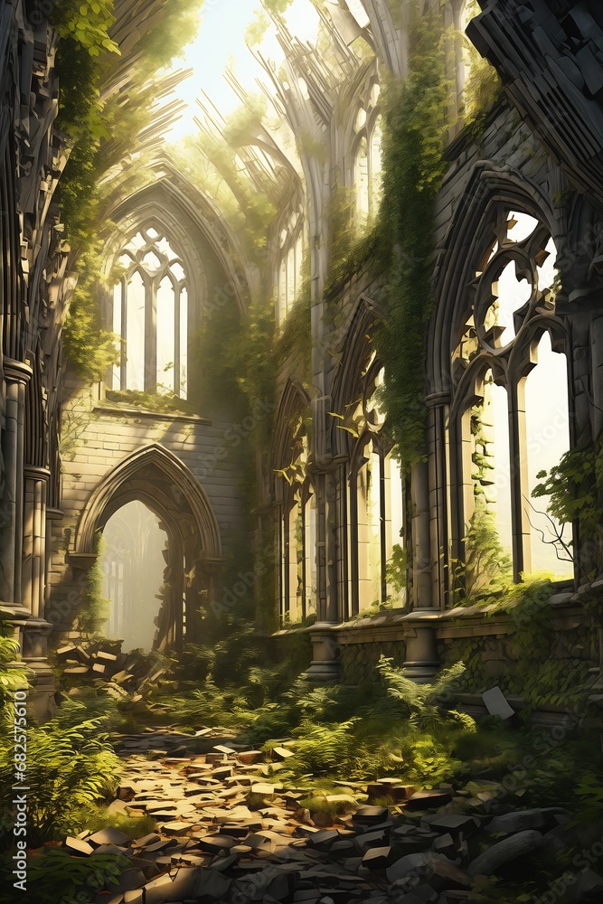 ruined church sunbeam stunning illustration overgrown swamp city ...