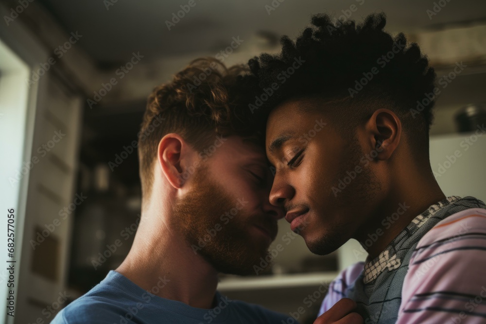 Intimate Moment Between Two Men Embracing and Touching Foreheads Stock ...