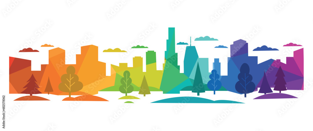 Light gray cityscape background. City buildings with trees at park view ...
