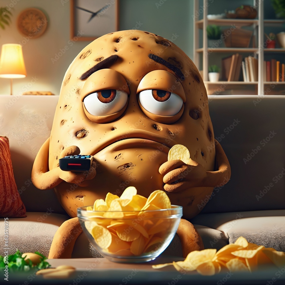 Illustration of a couch potato. A lazy demotivated couch potato sitting ...