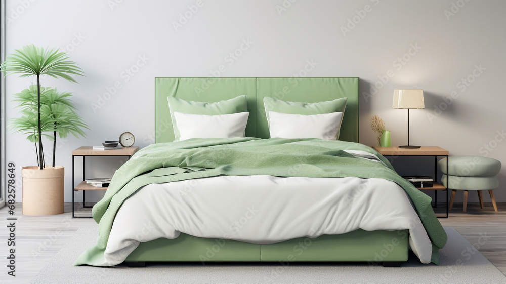 Contemporary modern townhouse double bedroom with green and white linen ...