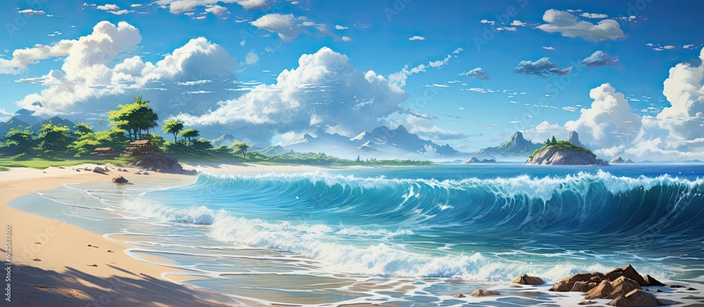As the sun shines bright in the sky, waves crash onto the sandy beach ...