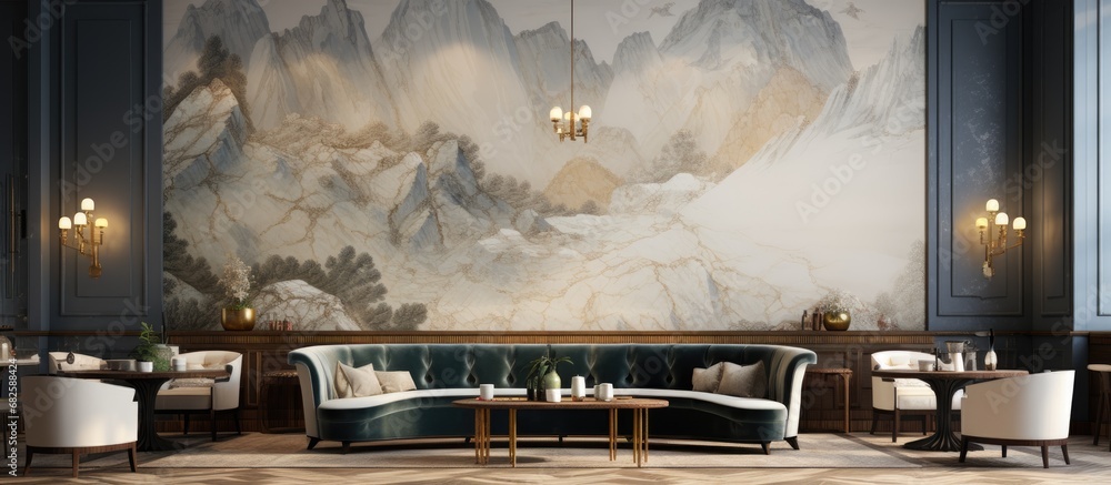 In the vintage interior, the abstract patterns of the wallpaper add an ...