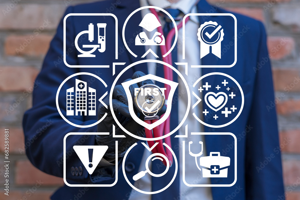 Doctor using virtual touch screen sees first safety icon: shield with ...