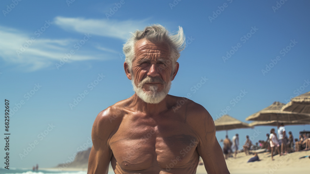 Grandpa at the beach shirtless walking on the sand. Concept of Relaxed ...
