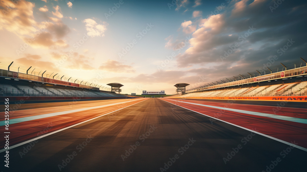 Racetrack backdrop empty with stands and road. Concept of Racing Venue ...