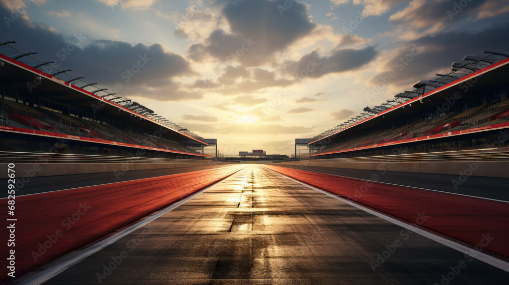 Racetrack backdrop empty with stands and road. Concept of Racing Venue ...