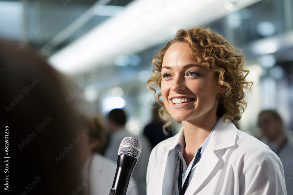 A woman scientist engaging in science communication, whether through ...