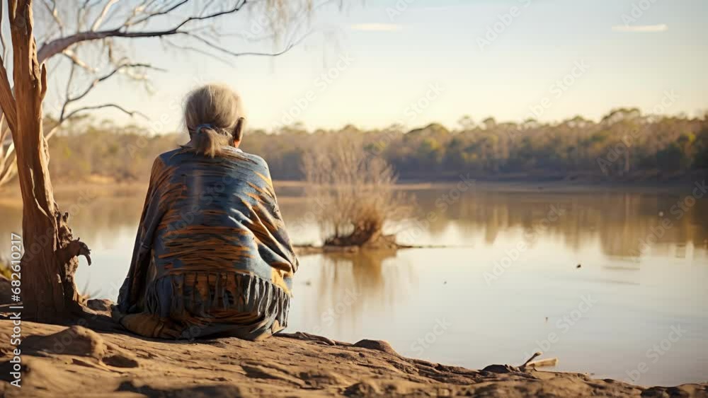 elderly Aboriginal woman sits by serene river in heart of outback ...