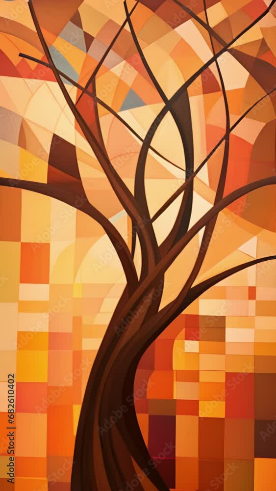 An abstract, cubist portrayal of a tree, with various shades of brown ...
