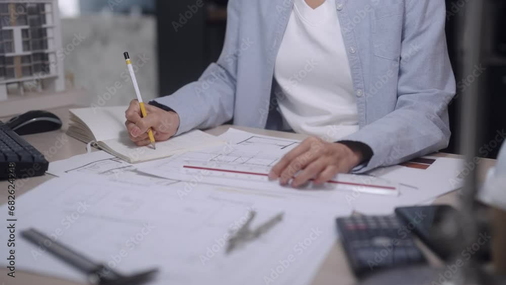 Dedicated Asian female architect diligently examines green print ...