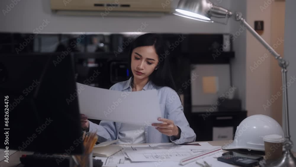 Dedicated Asian female architect diligently examines green print ...