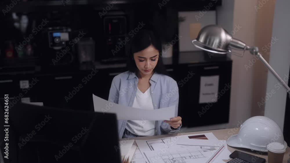 Dedicated Asian female architect diligently examines green print ...