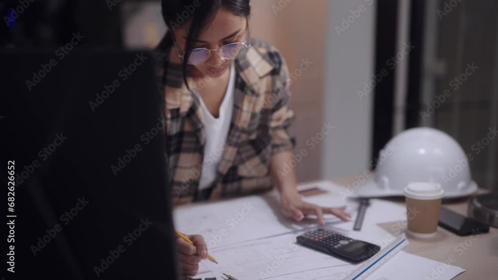 Dedicated Asian female architect diligently examines green print ...