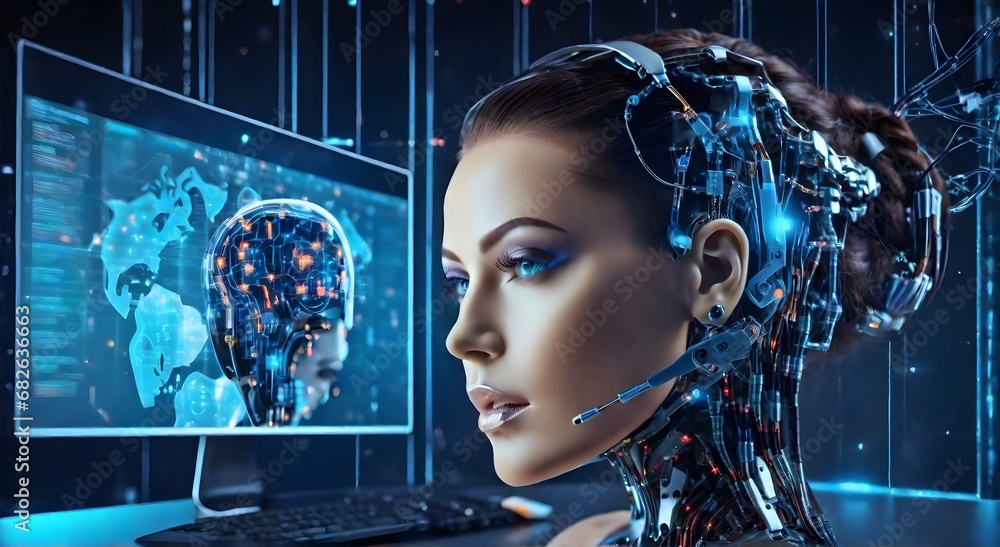 AI Artificial Intelligence. Business woman using AI technology for data analysis, coding ...