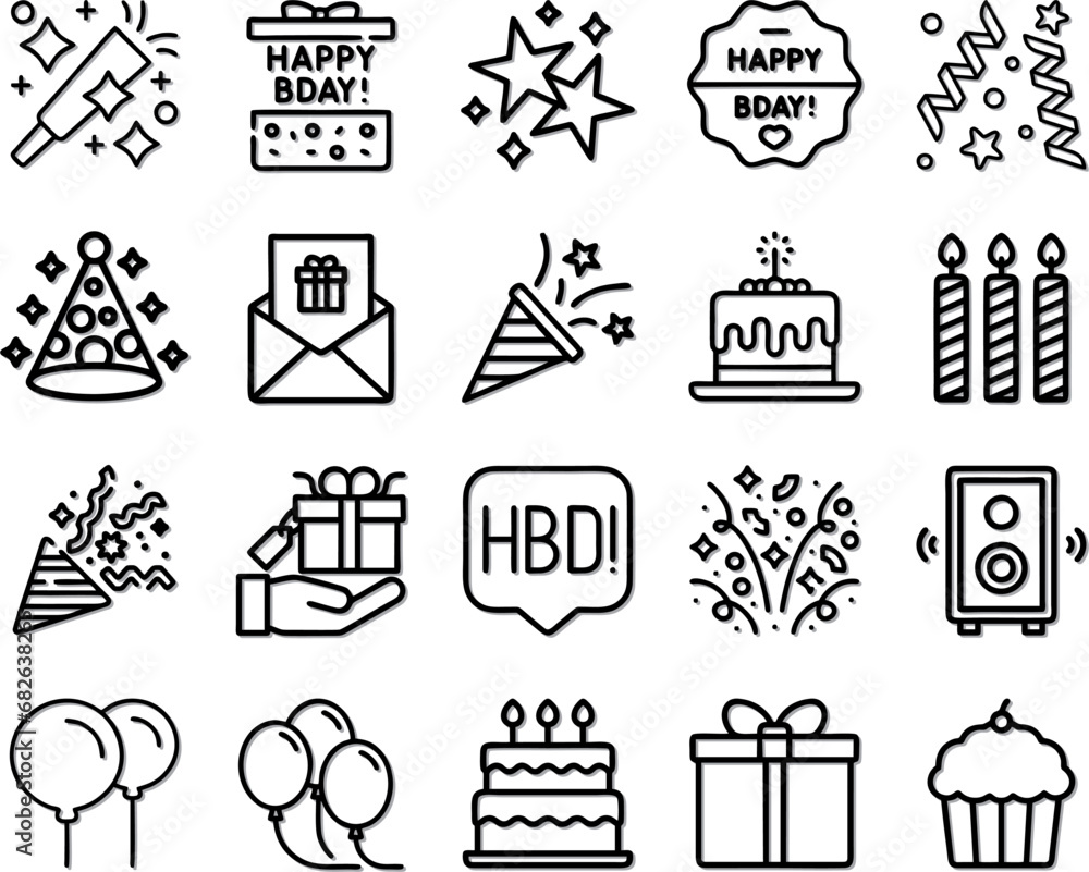 iconos, simbolos, vectores, feliz cumpleaños, celebración, fiesta ...