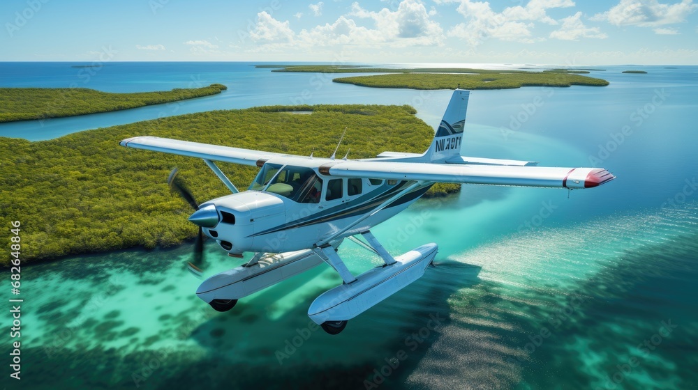 Seaplane landing in the ocean lagoon. The takeoff of a seaplane from ...