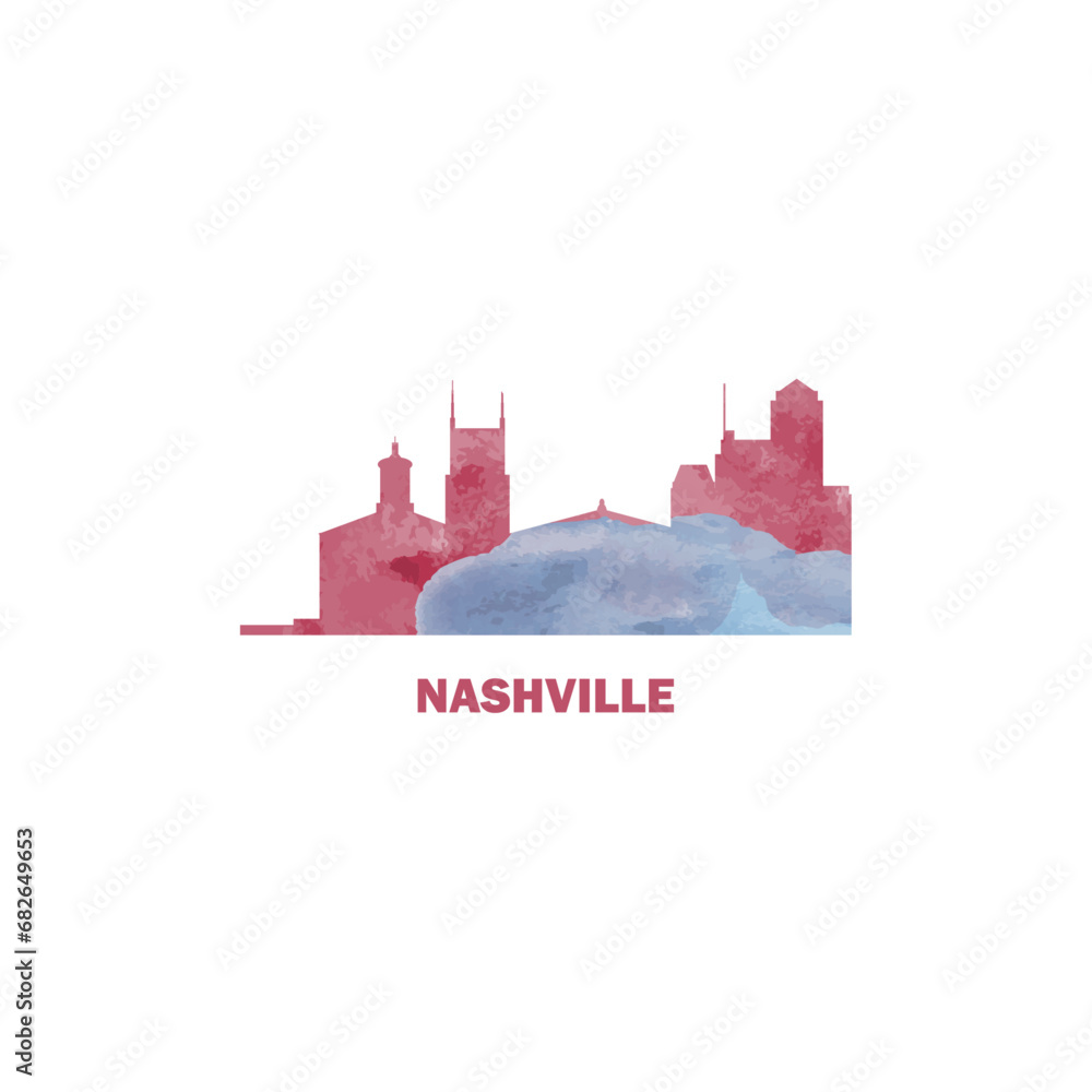 Nashville city US watercolor cityscape skyline panorama vector flat ...