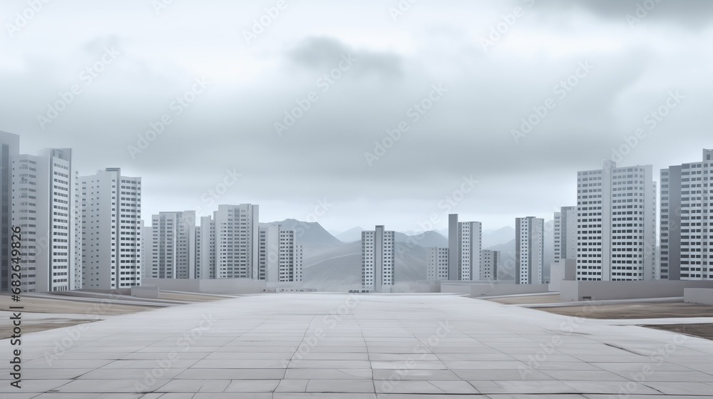 Empty square in the middle of a gloomy district with boring gray ...