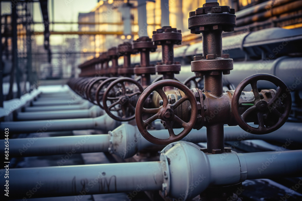 Pipeline valves at the gas plant close-up of hydraulic system pipes ...