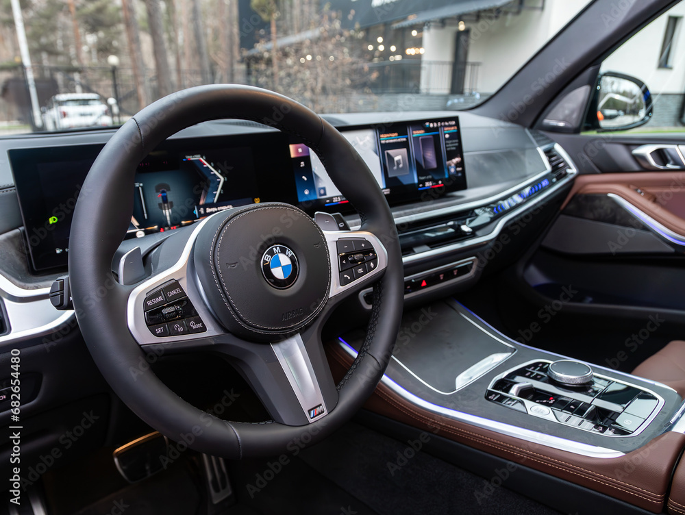 Novosibirsk, Russia - November 16 , 2023: Black BMW X5, steering wheel ...