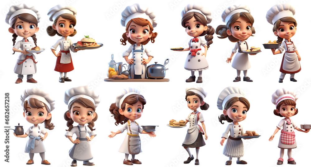 set of cute Cook Girl 3d Sticker, Clipart on isolated transparent ...