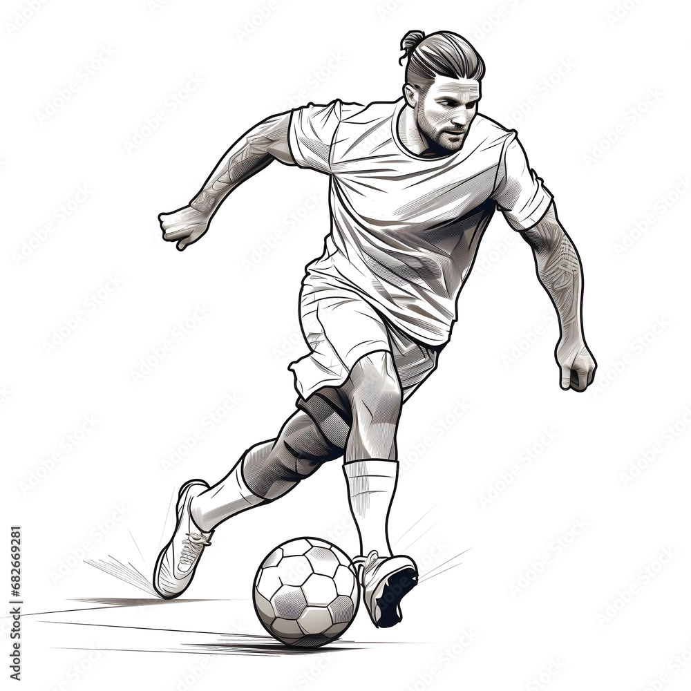 Soccer player line art, Soccer player line art with ball in action, on ...