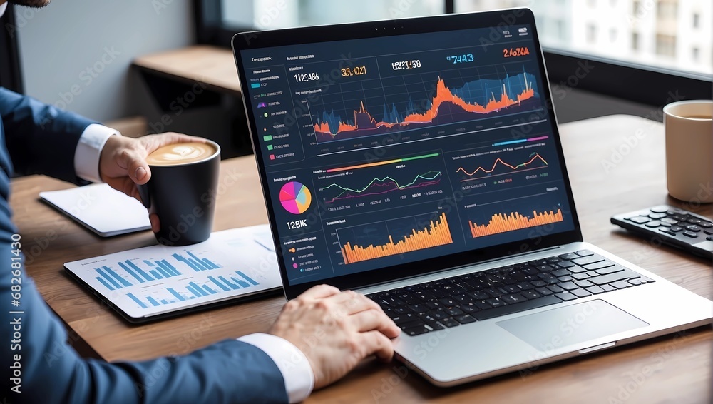 Analyst uses a laptop Showing business analytics dashboard with charts ...