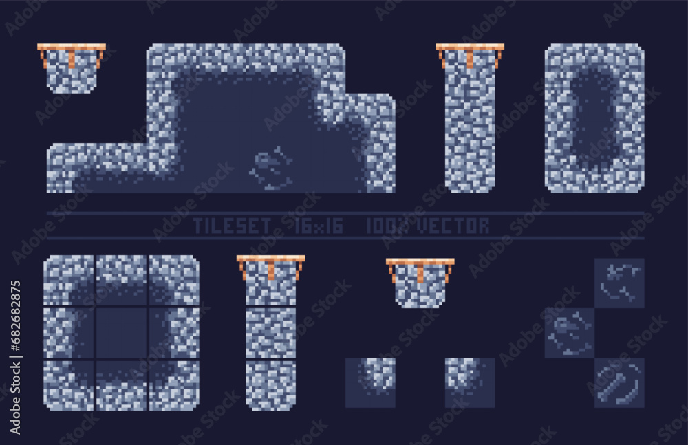Pixel art tile set for 2d retro game. A set of cave or dungeons tiles ...