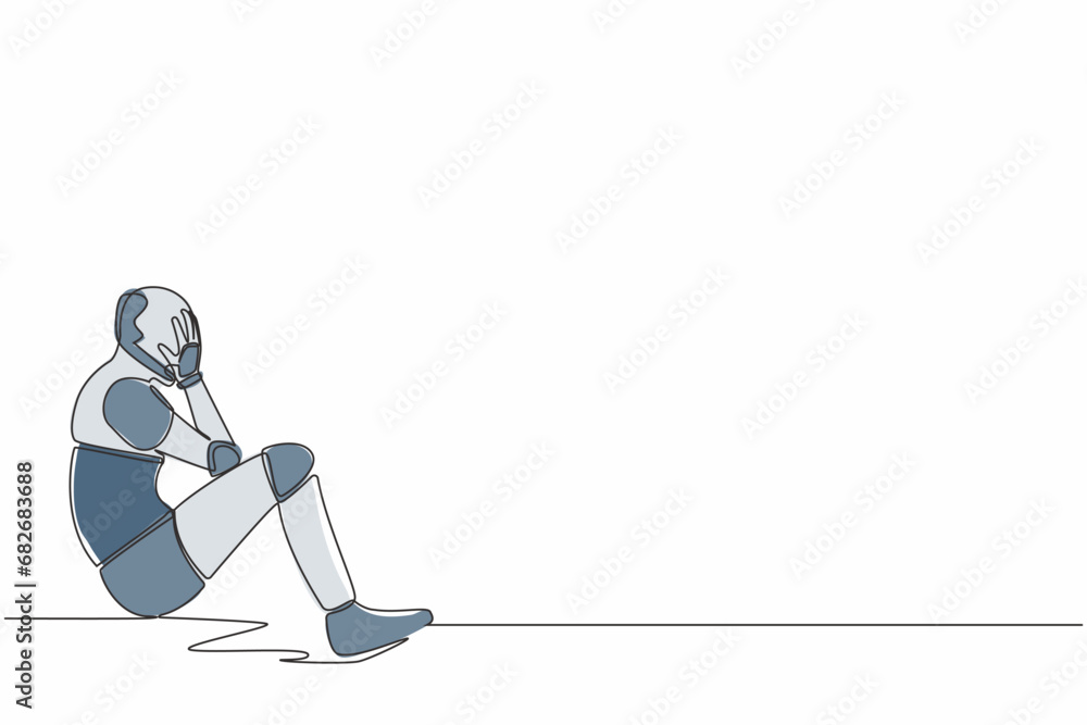 Continuous one line drawing robot cover his face, feeling sad and ...