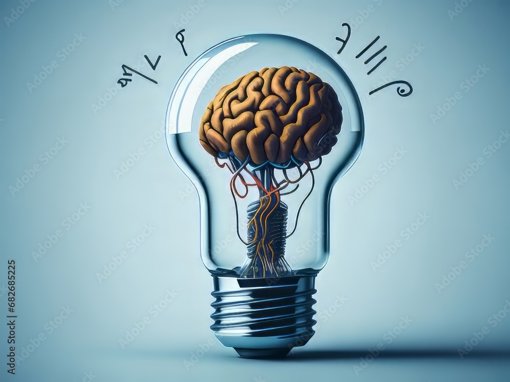 Una bombilla con un cerebro dentro, dibujando un plan de estrategia ...