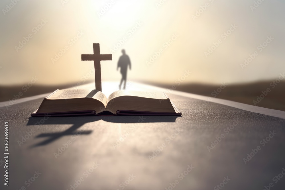 Open bible on the road. Way to heavens, salvation. Walking towards a ...