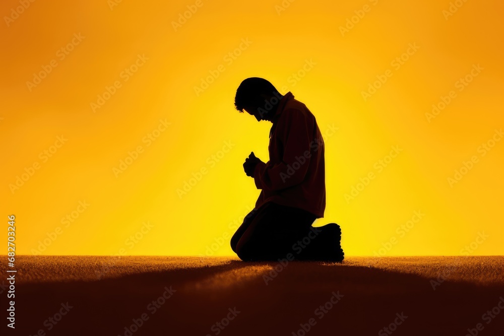 Christian prayer. Man on his knees praying on sunset background ...