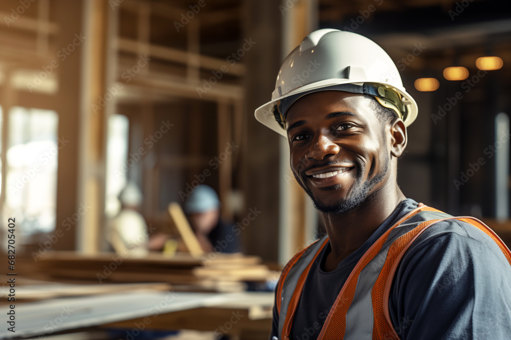 Smiling men bricklayer in work clothes on a construction site. Mason at ...
