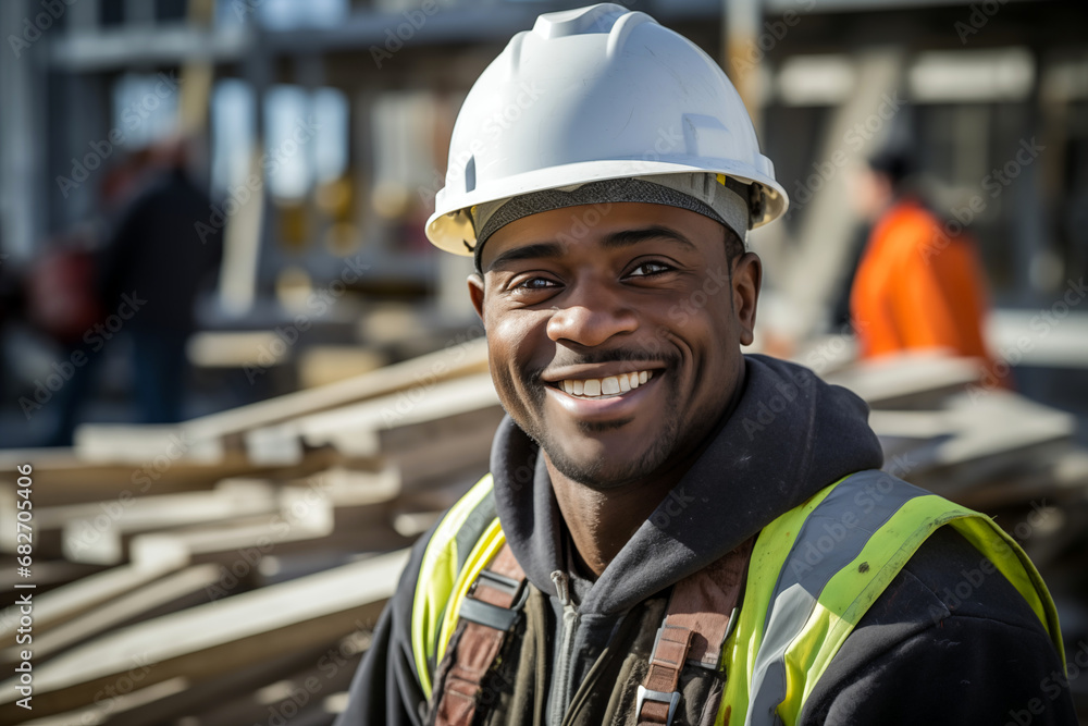 Smiling men bricklayer in work clothes on a construction site. Mason at ...