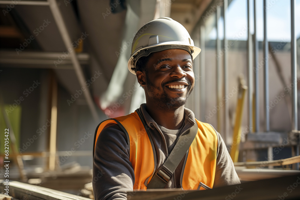 Smiling men bricklayer in work clothes on a construction site. Mason at ...