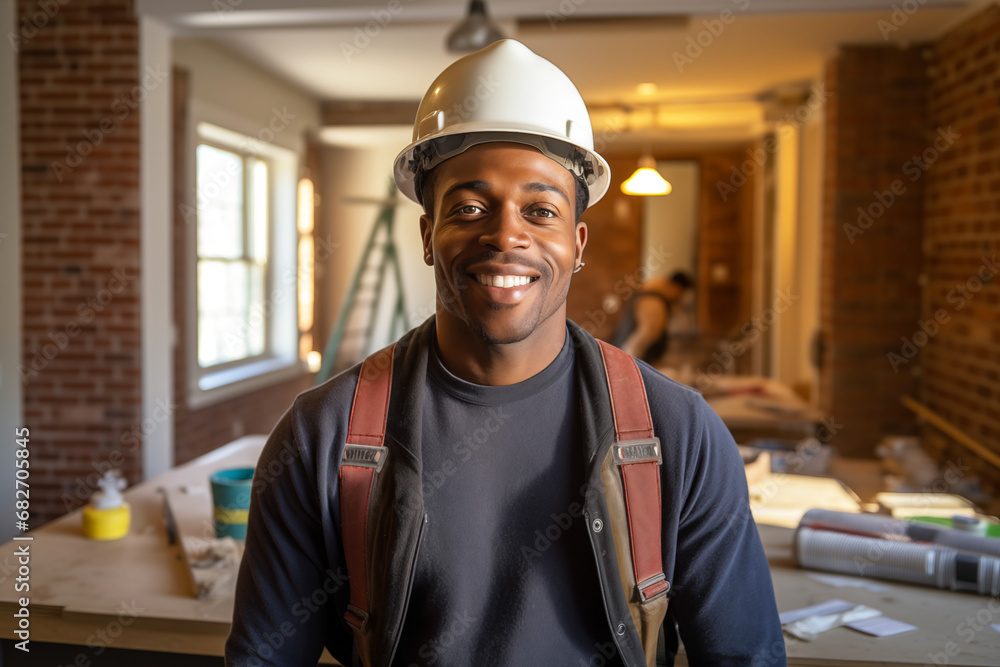 Smiling men bricklayer in work clothes on a construction site. Mason at ...