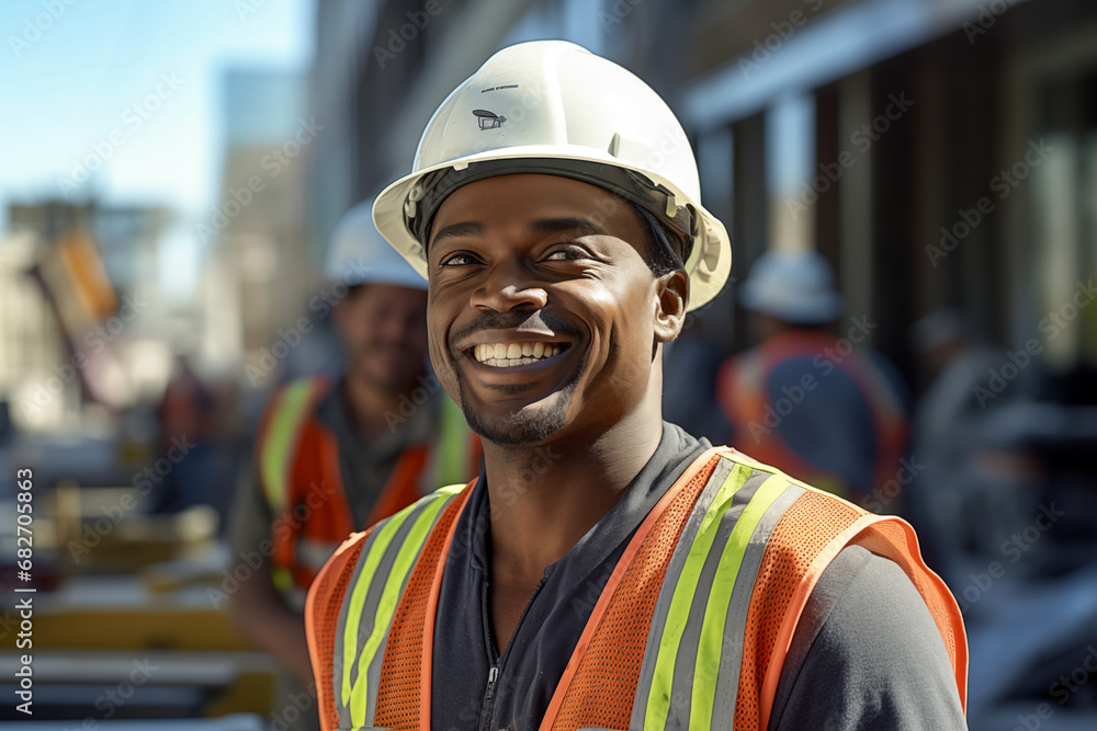 Smiling men bricklayer in work clothes on a construction site. Mason at ...