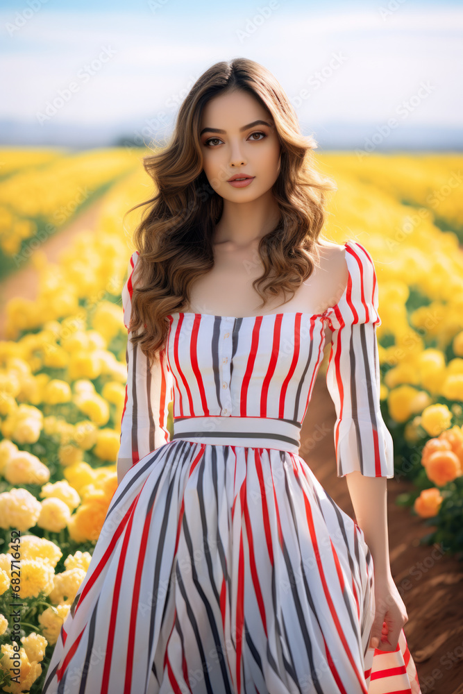 Beautiful woman wearing a striped dress full body view , stripes ...