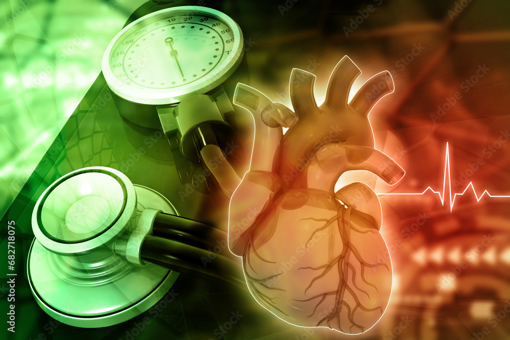 Human heart anatomy on medical background. Stethoscope, ecg, ekg. 3d ...