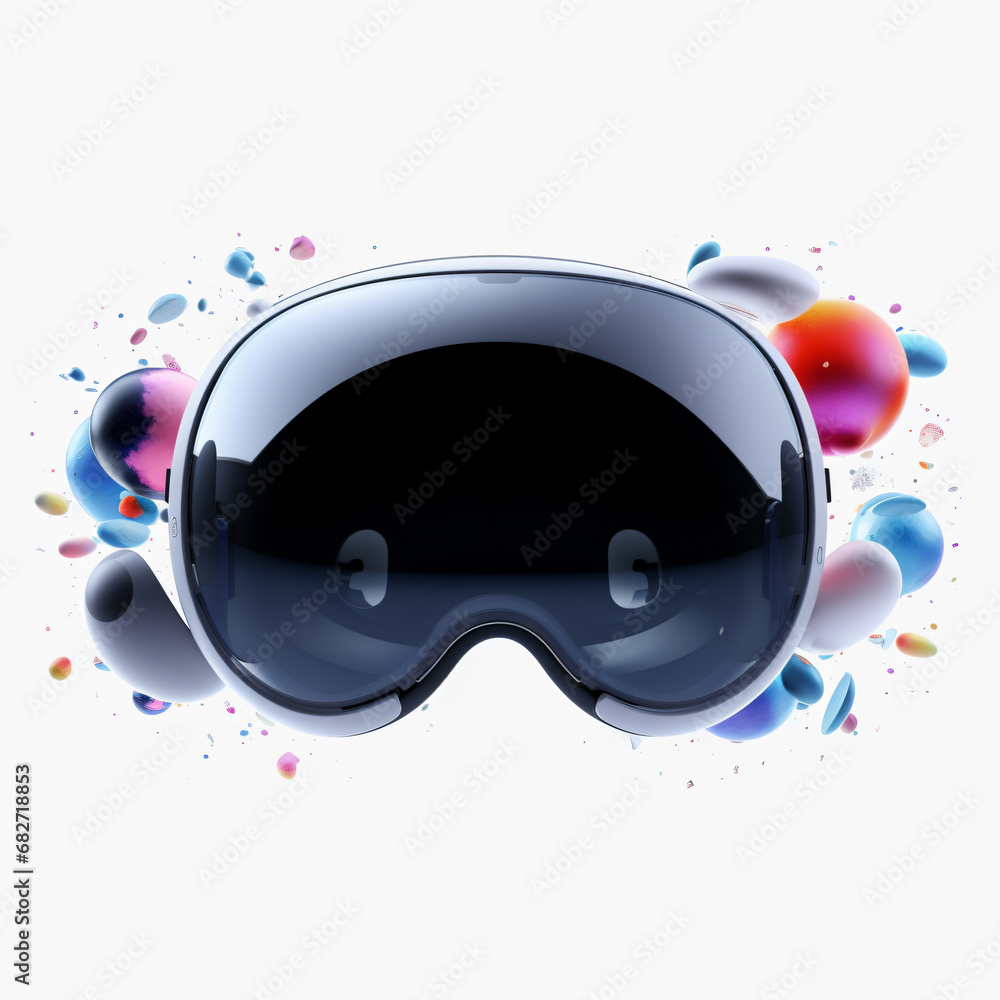 VR with 3D abstract futuristic shapes bursting, AR, VR, planets, galaxy ...