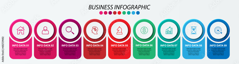 Simple infographic with 9 parts or options, simple design full of ...