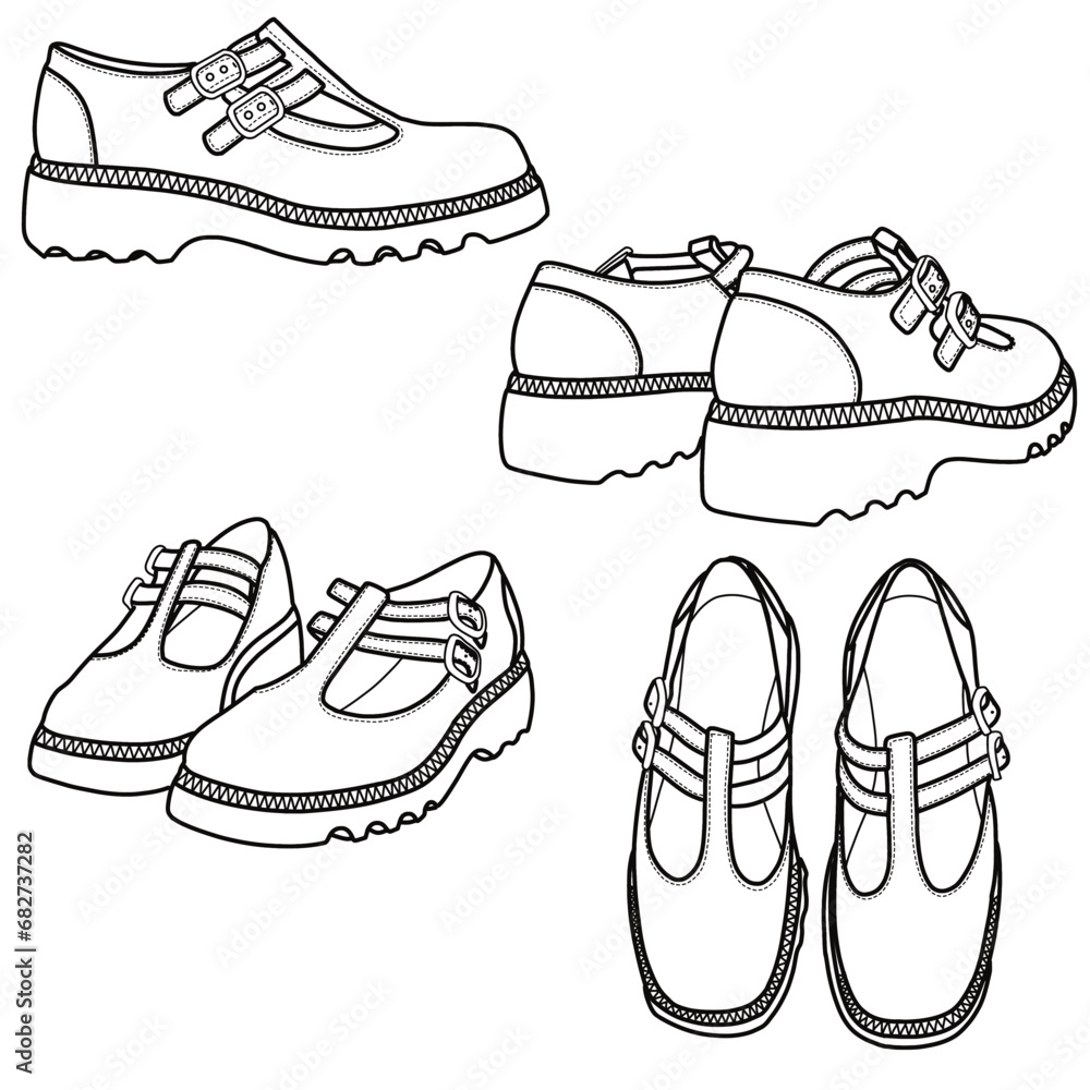 Strap shoes with chunky soles. Hand-drawn collection. Vector sketch ...