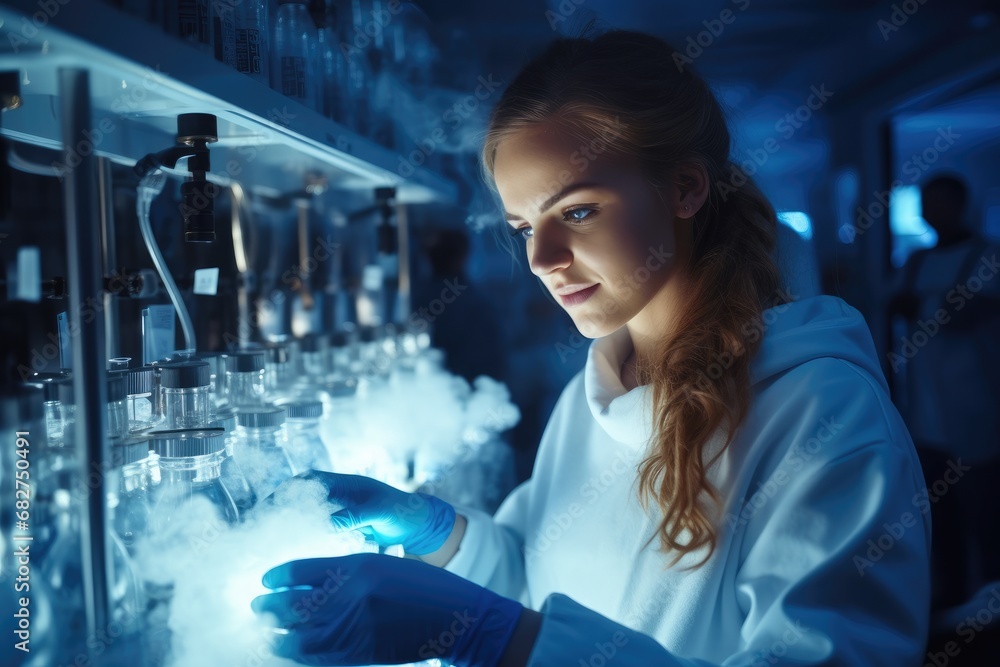 Female doctor works with Liquid Nitrogen cryostorage in medical lab ...